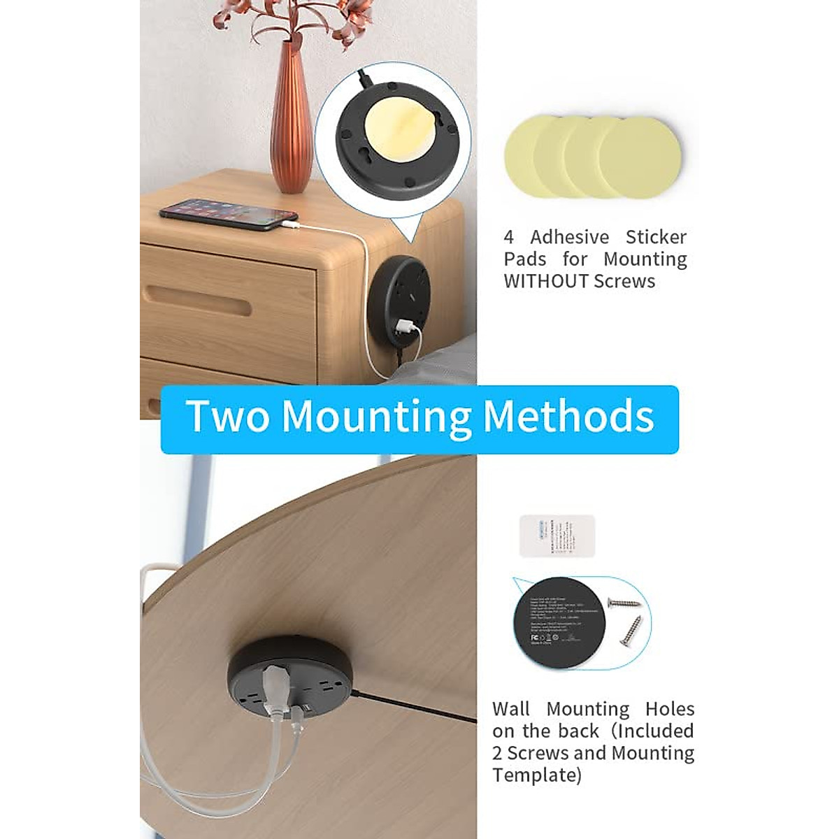 Extension Cord 15 ft Bundle,Flat Plug Power Strip with Widely Spaced Outlets USB Ports, Wall Mount Power Strip, Long Extension Cord with Multiple Outlets for Home, Office