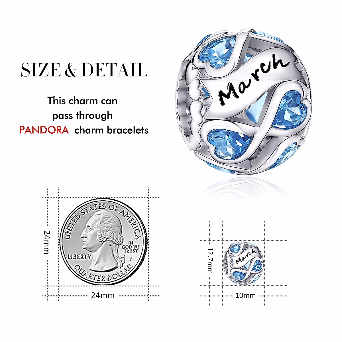 FOREVER QUEEN March Birthstone Charms 925 Sterling Silver Infinite Love Heart Openwork Bead for Charm Bracelets and Necklaces with 5A Cubic Zirconia, Birthday Jewelry Gifts Women