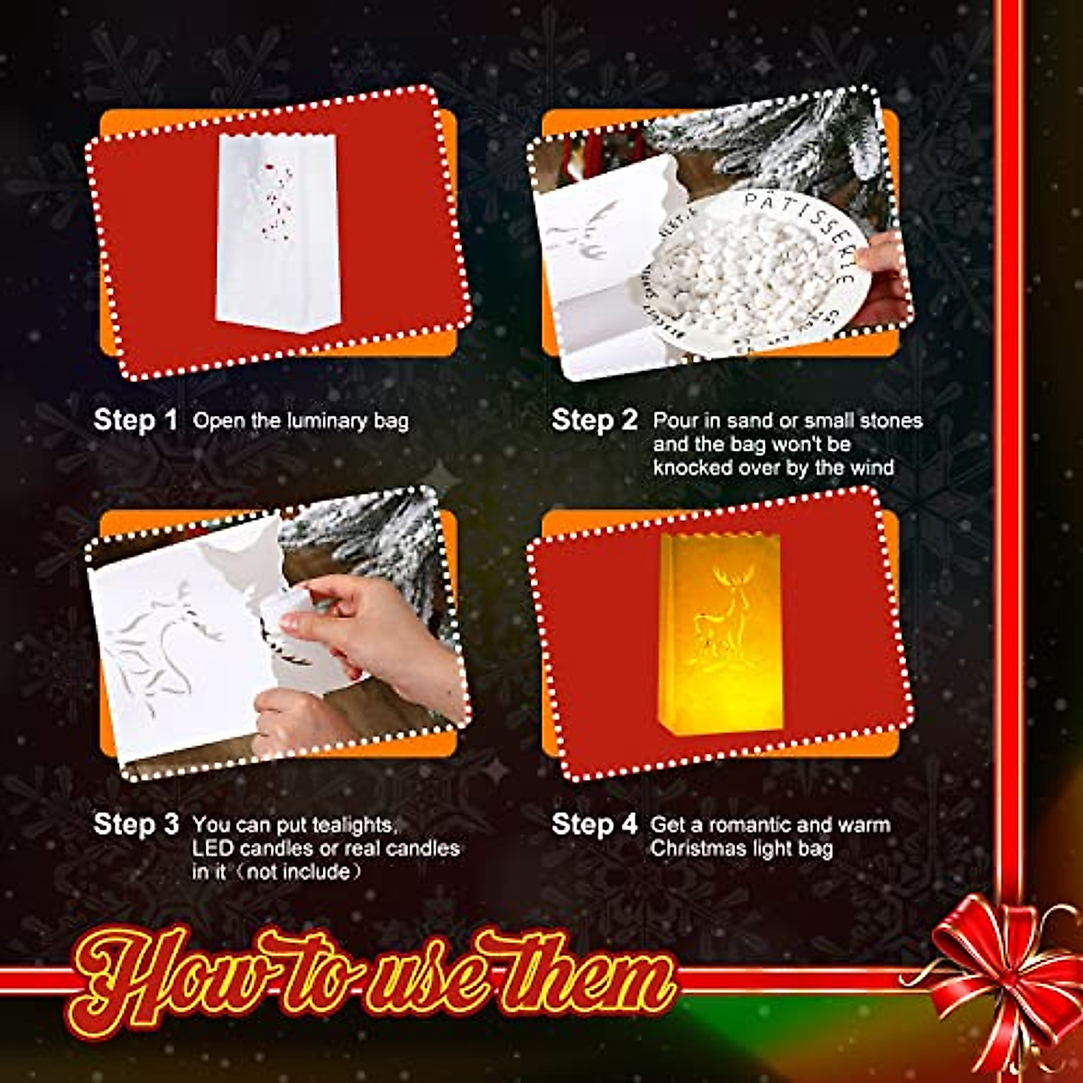 100 Pieces Christmas Luminary Bags White Paper Luminary Bags Flame Resistant Candle Bags Lantern Bags 5 Designs with Christmas Tree Snowflake Snowman Reindeer for Christmas Party Decoration