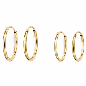 14k Gold Thin Continuous Endless Hoop Earrings, Two Pair Set Popular Small Sizes 10mm and 12mm Hoops (Yellow Gold)