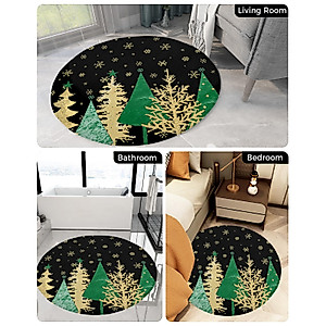 Christmas Black Fluffy Round Area Rug Carpets 3ft, Plush Shaggy Carpet Soft Circular Rugs, Non-Slip Fuzzy Accent Floor Mat for Living Room Bedroom Nursery Home Decor Xmas Tree Geometric Green Gold