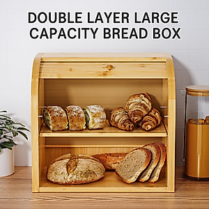Merysen 2 Tier Bamboo Bread Box for Kitchen Countertop–Bread Storage Holder, Large Capacity Bread Storage Container, with Removable Layer for Home Storage and Display (Self-assembly)