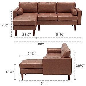 Tbfit 80"W Sectional Sofa Couch, L Shaped Couch with Reversible Chaise, Mid Century Modern Faux Leather Couches for Living Room Apartment Small Space, Convertible Sofa with Tufted Seat Cushion, Brown