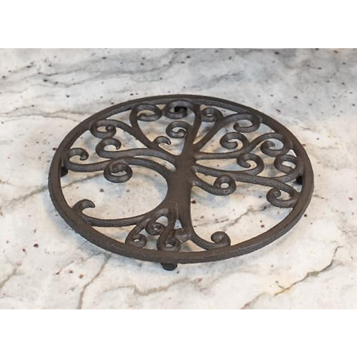 gasaré, Cast Iron Trivet for Hot Dishes, Pots, and Pans, Metal Trivet, Tree of Life Design, Rubber Feet Caps, Ring Hanger, 8 Inches, Brown, 1 Unit
