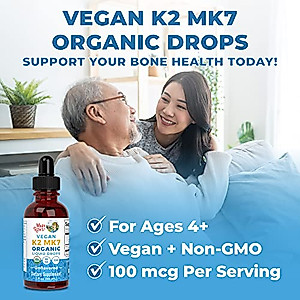 USDA Organic Vitamin K2 MCT Liquid Drops for Adults & Kids | 100 mcg K2 MK7 per serving + Organic MCT Oil | Vegan K2 Vitamin for Bone Health, Heart Health, Calcium Absorption | 1oz