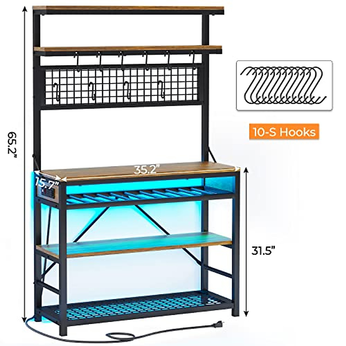 Itaar Bakers Rack with Power Outlet, 6-Tier Coffee Bar, Microwave Stand with Wine Rack, LED Lights and 10 Hooks, Bakers Racks for Kitchens with Storage, Rustic Brown
