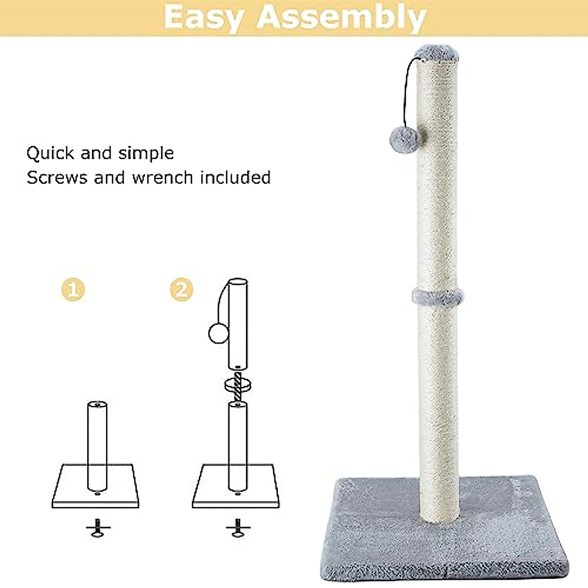 Dimaka 29" Tall Cat Scratching Post for indoor Cats and Kittens, Cat Activity Scratcher Premium Sisal Rope Scratch Tree with Dangling Ball (Grey)