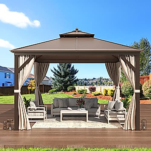 EROMMY 12'x12' Hardtop Gazebo, Outdoor Galvanized Steel Roof Canopy with Aluminum Frame, Permanent Metal Pavilion with Netting and Curtains, for Patio Backyard Deck and Lawns