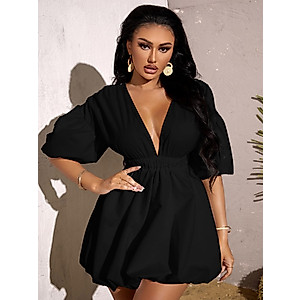 WDIRARA Women's Deep V Neck Puff Sleeve High Rise Flare Dress Elastic Waist Dress Black S
