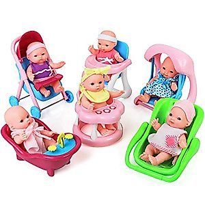 Click N' Play Mini 5 Inch Baby Girl Toy Dolls with Stroller, High Chair, Bathtub, Infant Seat, and Swing Accessories for Girls 3-6 Years Old