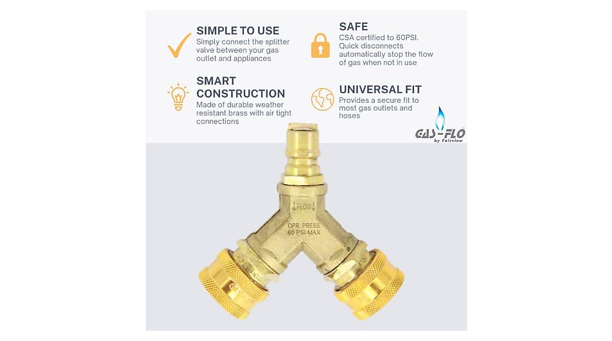 GAS-FLO, Gas Quick Disconnect 3/8 Y Splitter, CSA Certified for Propane ...