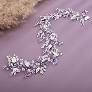Teyglen Bridal Wedding Hair Vine Headband Silver Crystal Leaf Hair Pieces Handmade Blue Red Green Rhinestone Headpiece Hair Accessories for Women Bride Girls (Light Purple)