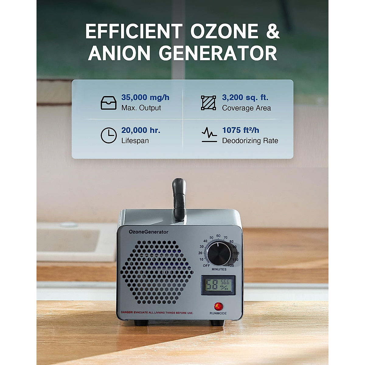 CREWORKS Ozone Generator, 35000 mg/h High Capacity Ozone Machine for Car Home Smoke Pet Odor Removal, Commercial Ozone Odor Eliminator Air Purifier with Timer Display for 3200 sq ft Room, Silver