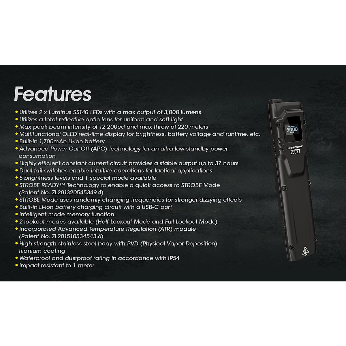 EdisonBright Nitecore EDC27 3000 Lumen USB Rechargeable Slim Body LED Flashlight Brand Charging Adapter