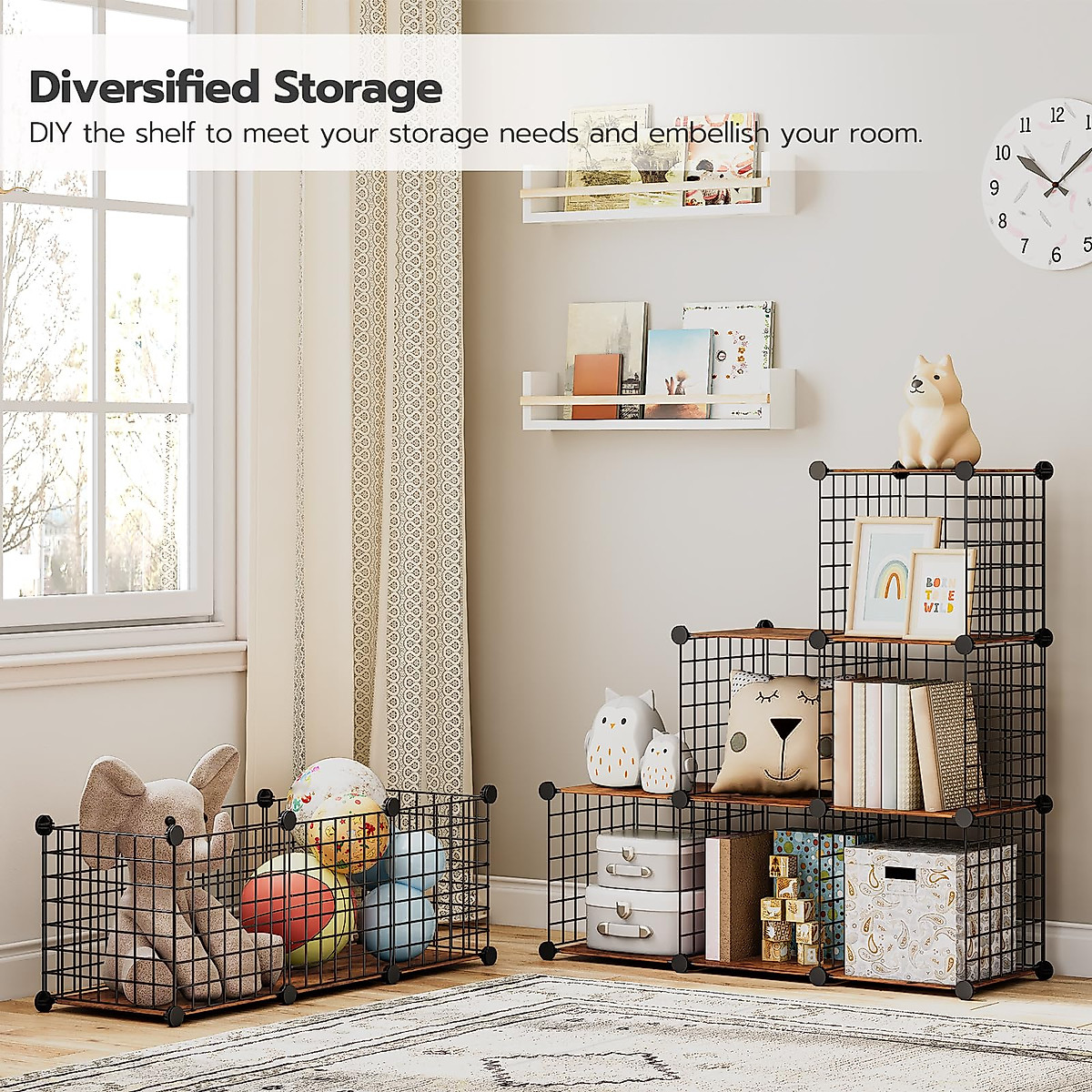 HOOBRO Cube Storage Organizer, Wire Cube Storage, 9-Cube Metal Grid Storage Shelf, Modular Cabinet, DIY Cube Bookshelf, for Living Room, Bedroom, Study, Rustic Brown and Black BF09CW01