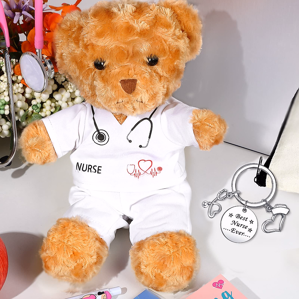 Hinly 2 Pcs Nurse Appreciation Gifts Nurse Bear Plush Toy Stuffed Animal Nurse Keychain Doctor Practitioner Graduation Gifts(White)