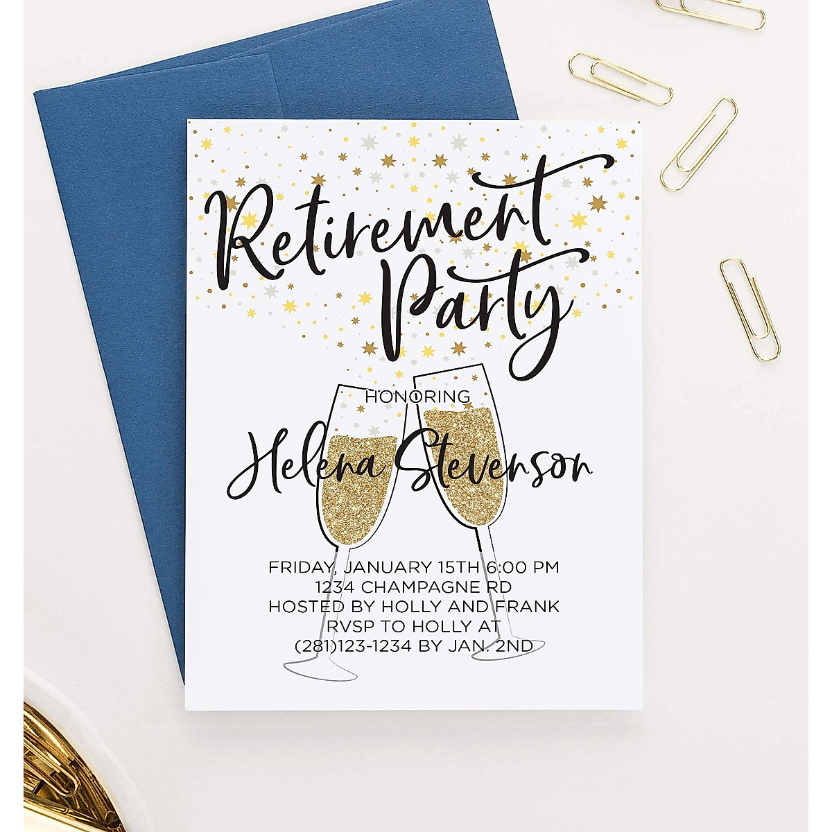 Modern Retirement Party Invitation, Gold Glitter Retirement Party Invites, Your choice of Quantity and Envelope Color