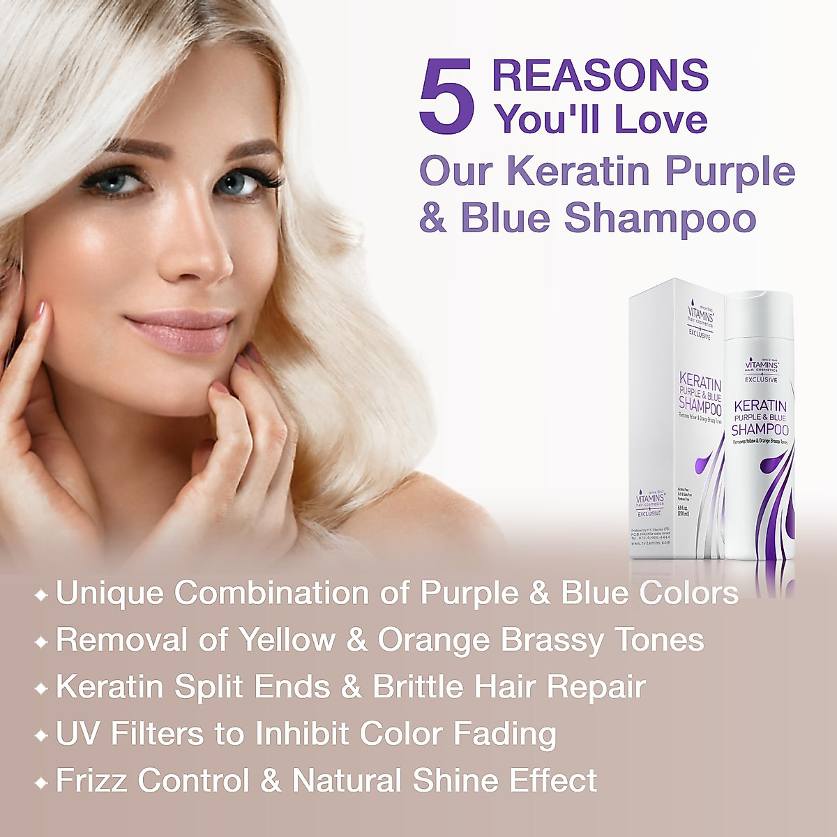 Vitamins Keratin Purple Toning Shampoo - Violet Blue Brassiness Toner for Bleached Icy Blonde Platinum Silver White Grey Ash Gray or Colored Dry Damaged Brassy Hair