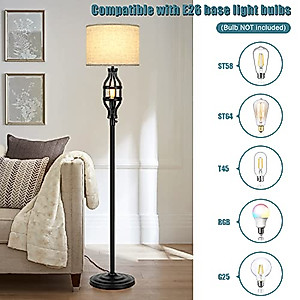 Farmhouse Floor Lamp with Night Light, Black Standing Lamp for Living Room, Vintage 2-Light Tall Lamp with Fabric Drum Shade, Industrial Pole Light with E26 Edison Base for Bedroom Home Decor