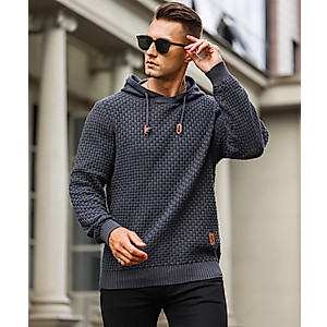 Zaitun Men's Drawstring Waffle Textured Hooded Pullover Sweater