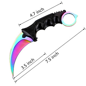 Karambit Knife, Set of 2, CS-GO for Hunting Camping Fishing and Field Survival, Stainless Steel Fixed Blade Tactical Knife with Sheath and Cord (Black+Rainbow).