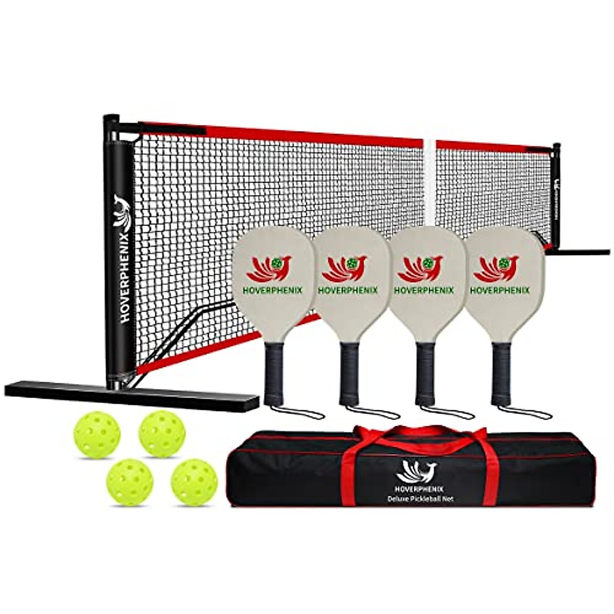 Hoverphenix Pickleball Set with Net for Driveway, Portable Regulation Size Pickleball Net System with Paddle Set of 4, Outdoor Pickleballs, Carry Bag, Weather Resistant Metal Frame