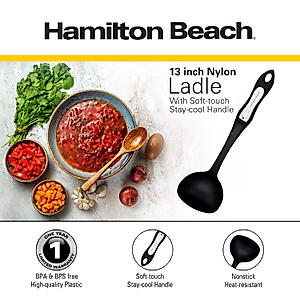 Hamilton Beach Plastic Ladle Spoon for Cooking | Non-Slip Solid Long Nylon Soft Touch Handle 13 inch | Non-stick Heat Resistant | Hygienic Spatula Spoon Design for Soups, Stews, Dressings - Black
