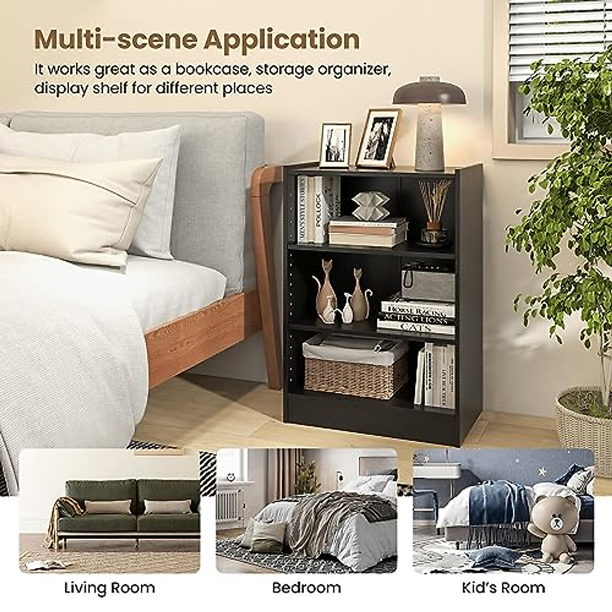 Giantex 3-Cube Bookcase Black - 3-Tier Modern White Open Bookshelf with Adjustable Shelves, Anti-Tipping Device, Small Wood Cube Storage Organizer for Kid’s Room, Living Room, Bedroom