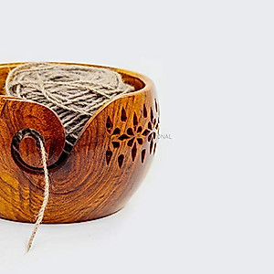 Rosewood Crafted Wooden Yarn Storage Bowl with Carved Holes & Drills | Knitting Crochet Accessories | Nagina International (XL)