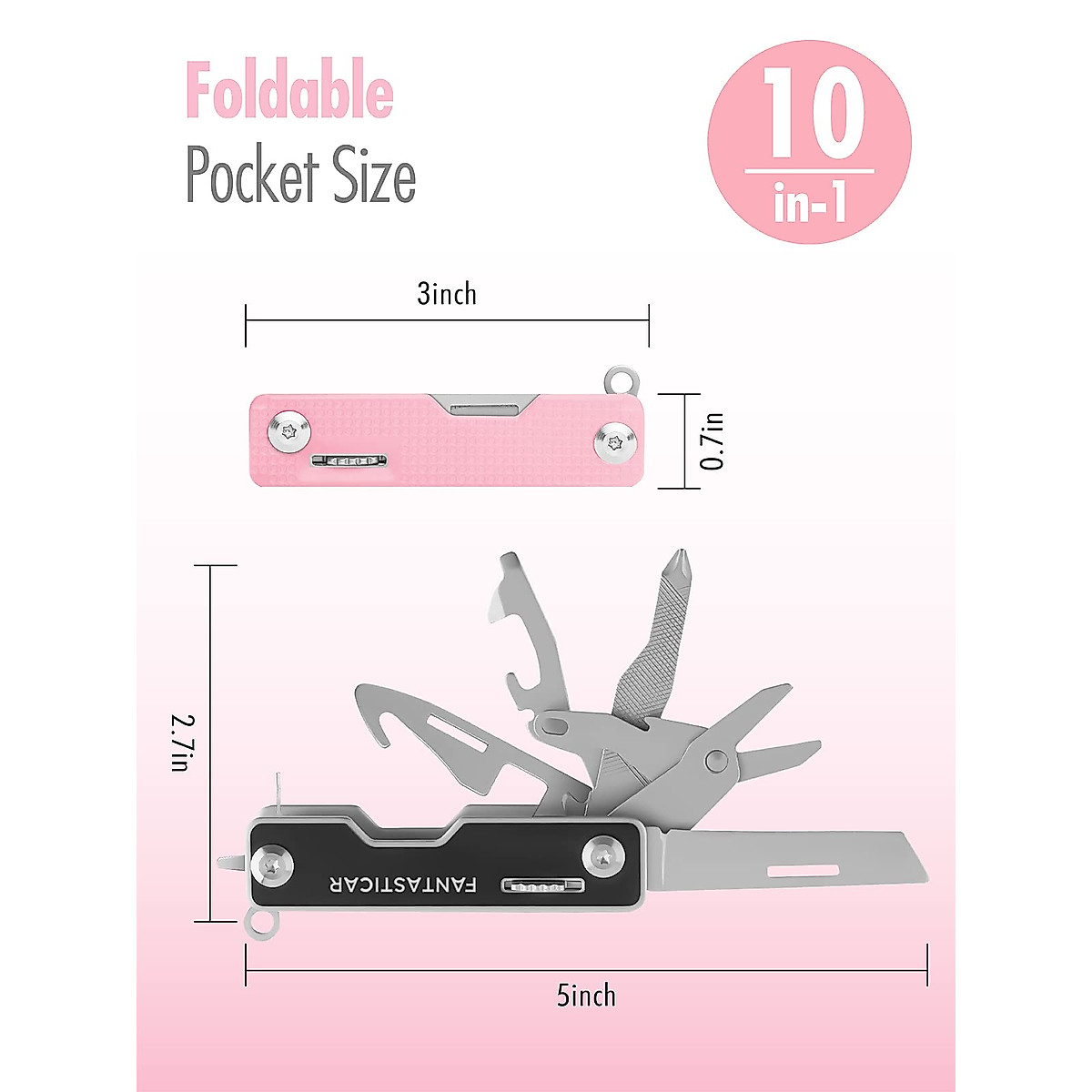 FantastiCAR 10 in 1 Multi-tool, EDC Folding Pocket Knife with SIM Card Removal Pin for Daily Needs, Outdoor Activities, Christmas Gifts (Pink)