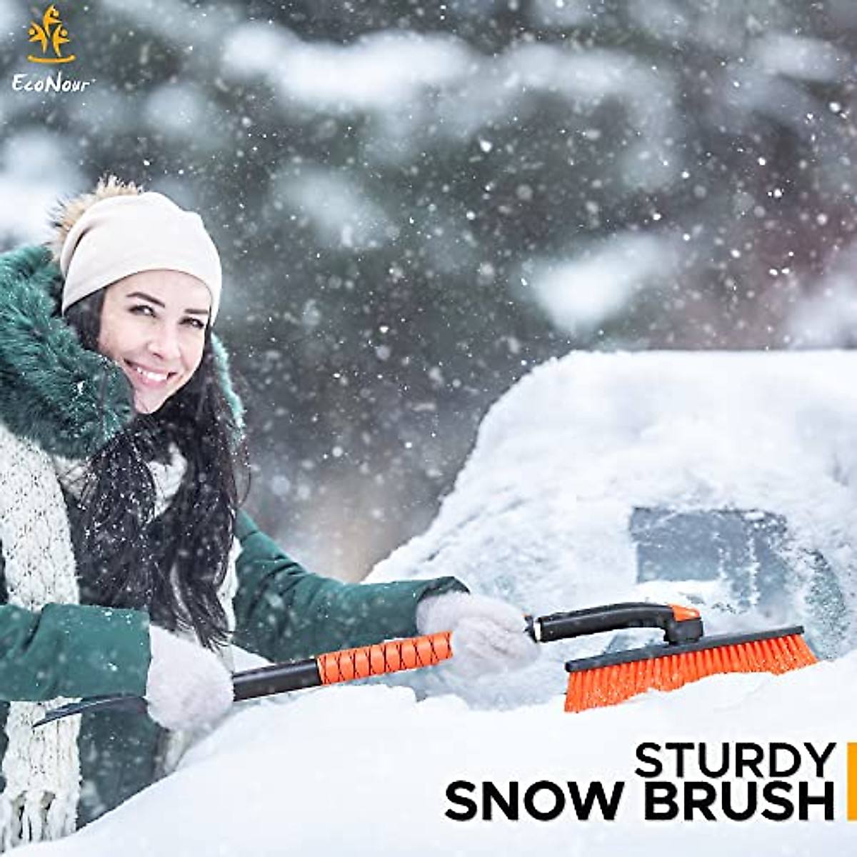 EcoNour 36″ 3 in 1 Extendable Snow Brush and Ice Scraper for Car Windshield | Telescoping 360° Snow Brush Pivoting Head | Window Ice Scraper for Snow Removal for Car, SUV, Truck Winter Car Accessories