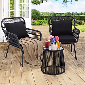 wildformers 3 Pieces Rattan Wicker Bistro Set, Outdoor Conversation Set, Wicker Furniture Set with Glass Top Table, Space Saving for Balcony, Backyard, Black