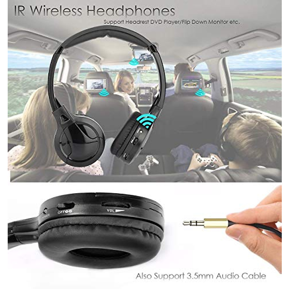 CarThree IR Headphones 2 Channel Kids Wireless Headphones with Travelling Bag for Universal Rear Entertainment System Kids Headphones for in Car TV Video Audio Listening