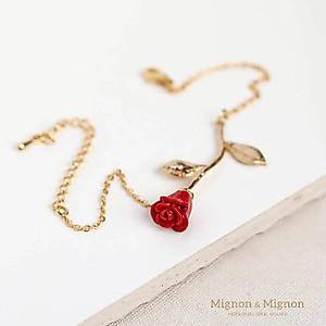 MignonandMignon 14k Gold Plated Rose Bracelet Rose Pendant Bracelet Beauty and the Beast Bracelet Bridesmaid Gift Mother's Day Gift - 3ERBR (Gold)