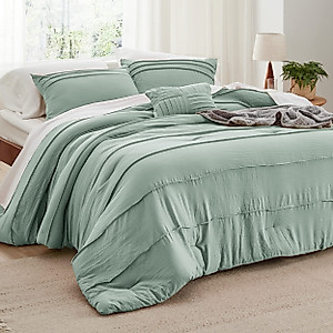 Bedsure Queen Comforter Set - 4 Pieces Pinch Pleat Bed Set, Sage Green Boho Bedding for All Season, 1 Soft Comforter, 2 Pillowcases, 1 Decorative Pillow