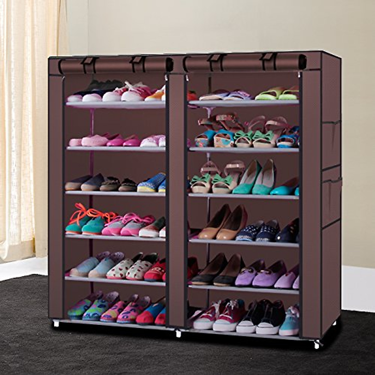 Ochine Shoe Rack Double Row Storage Organizer 6 Tier Nonwoven Fabric Cover Shoe Rack Cabinet Portable 36 Pairs Stackable Shoes Shelf Stand for Closet, Living Room, Bedroom, Hallway