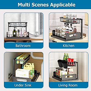 Metal Under Sink Kitchen Organizer with Cups and Hooks, 2 Tier L Shaped Rack Pull Out Under Sink Storage with Sliding Drawer, Multifunction Cabinet Organizer for Kitchen Bathroom Office Living Room