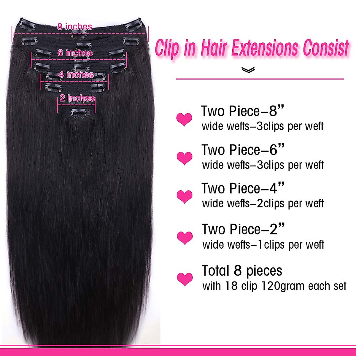 Straight Human Hair Clip in Hair Extensions for Black Women 100% Unprocessed Full Head Brazilian Virgin Hair Natural Black Color,8/Pcs with 18Clips,120 Gram (22inch, Straight hair)