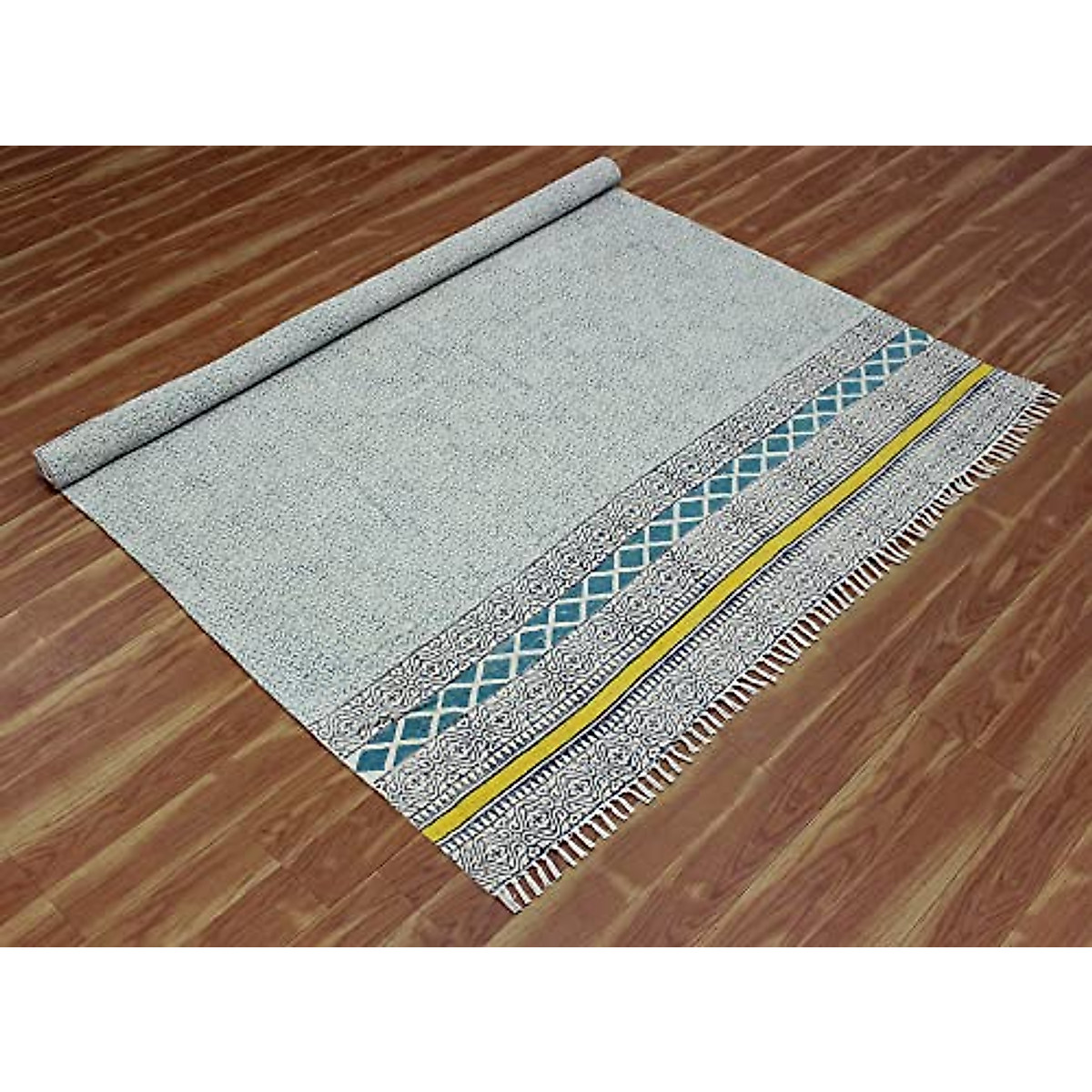 Casavani Hand Block Printed Cotton Dhurrie Geometric Blue & Black Area Rug Doormat Floor Rug Indoor Area Rugs for Bedroom Living Room Laundry Room 6x12 Feet Runner