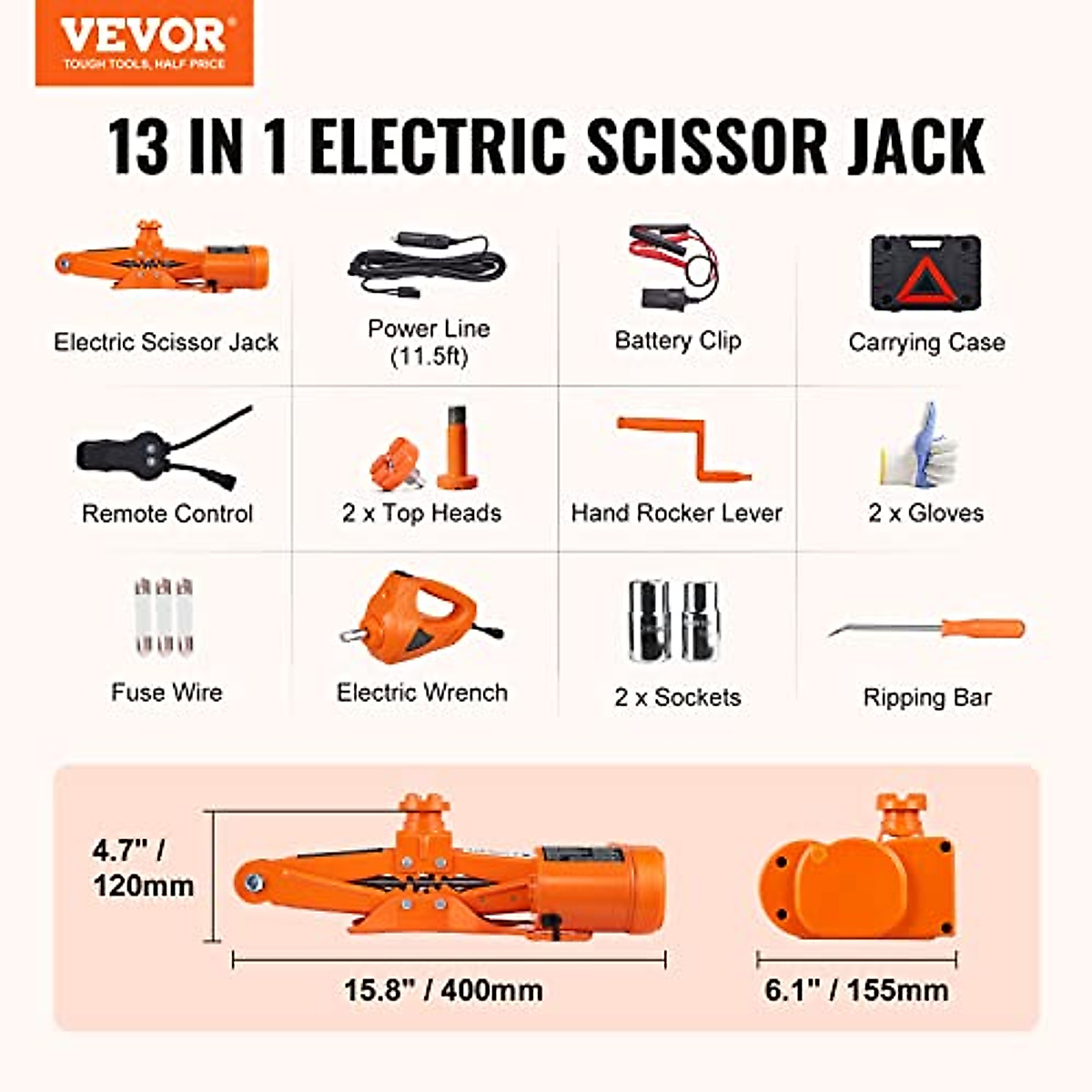 VEVOR Electric Car Jack, 3 Tons /6600 lbs 12V Electric Scissor Jack with Electric Impact Wrench, Double Saddles with Remote Control, Portable Car Jack for Sedan, SUV, Truck Tire Change Replacement