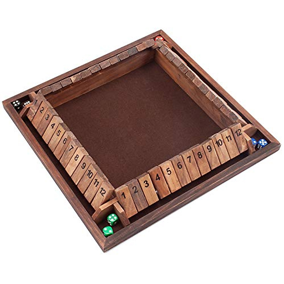 GSE 4-Player Wooden Shut The Box Dice Board Game with 8 Dices. 4-Way Shut The Box Set Classic Tabletop Version of Popular English Pub Board Game (12 Numbered)
