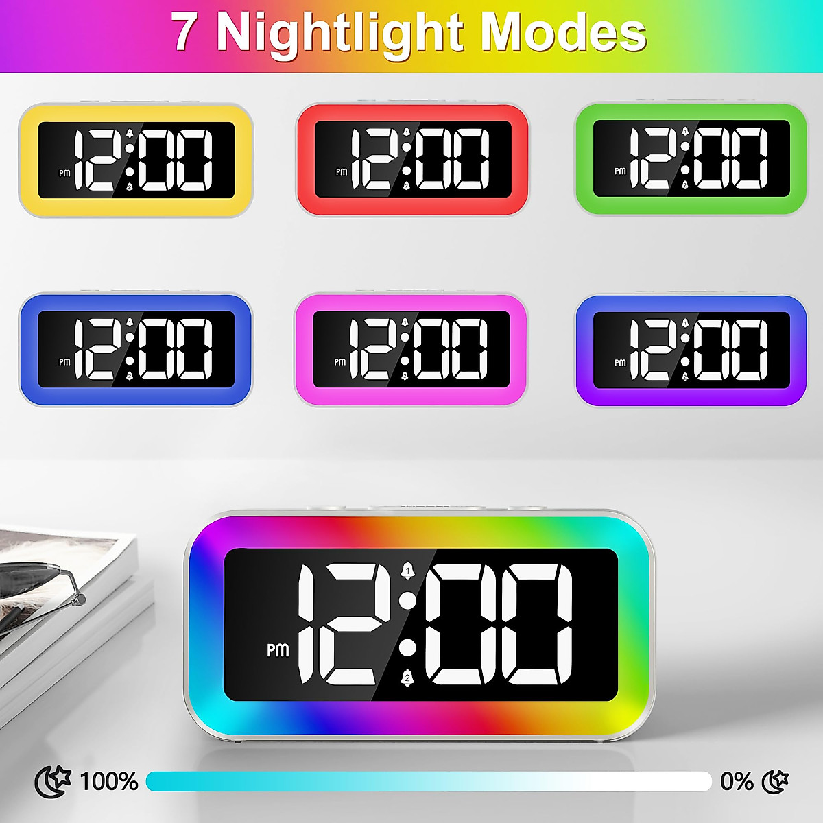 Colorful Nightlight LED Digital Alarm Clock with Super Loud Dual alarm, Weekday mode, Snooze, Dimmer, USB Charging Port for Livingroom, Bedroom, Bedside, Heavy Sleeper, Adult, Kid, Teens, gift, Silver