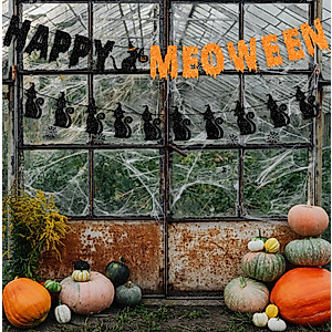 JKQ Black Orange Glittery Happy Meoween Banner with Spooky Black Cat Signs Halloween Witch Cats Banner Halloween Haunted House Party Fireplace Mantle Decorations Supplies