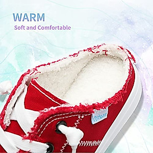 Obtaom Women Canvas Slippers,House Mules with Warm Fleece Lining,Comfortable Slip-On Mule Backless Holiday Shoes(Red Fleece,US6)