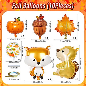 Fall Balloons, Thanksgiving Acorn Fox Maple Leaf Squirrel Pumpkin Mylar Foil Balloons, Harvest Autumn Party Balloons for Birthday Baby Shower Thanksgiving Party Decorations - Pack of 10