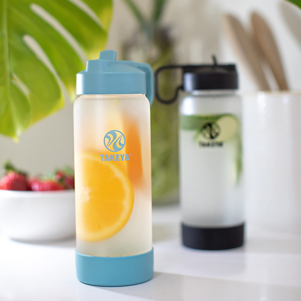 Takeya Glass Water Bottle - Durable Thermo-Shock Resistant Glass Water Bottle with Sure-Grip Safe Shell - Clear Leak-Proof Bottle with Straw Lid - Dishwasher Safe - Everyday-Use Bottle - 22 oz, Onyx