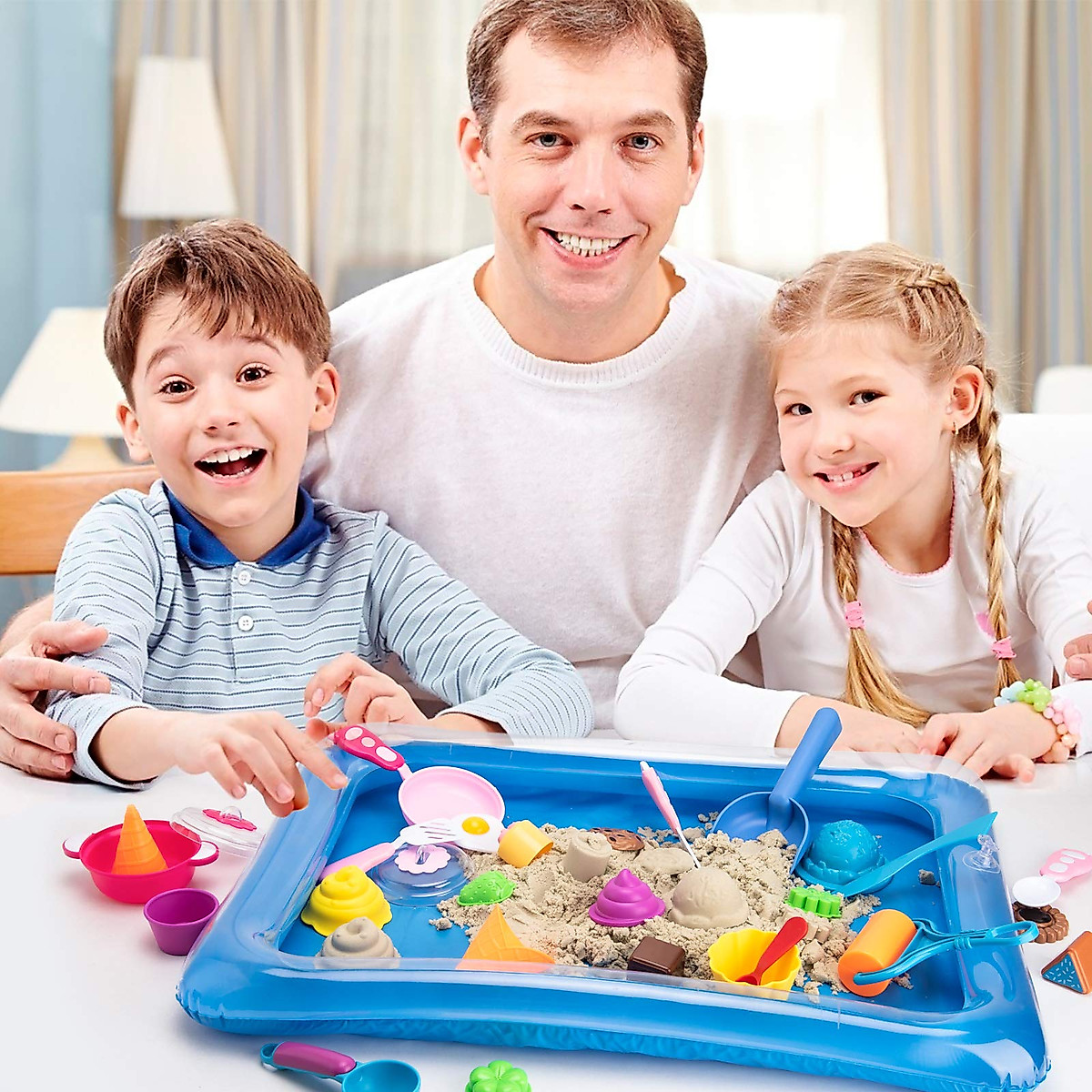 Play Sand Ice Cream Kit, 3lbs Magic Sand, Food Molds Tools, Kitchen Toys, Tray and Storage Bag, 44PCS Sandbox Toys Set for Toddlers Kids Boys Grils