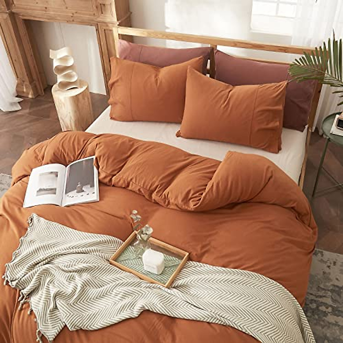 EAVD Modern Style Pumpkin Color Duvet Cover Twin Soft 100% Jersey Knit Cotton Caramel Pumpkin Boho Bedding Set 1 Twin Duvet Cover with 2 Pilllowcases Solid Duvet Cover with Zipper Closure