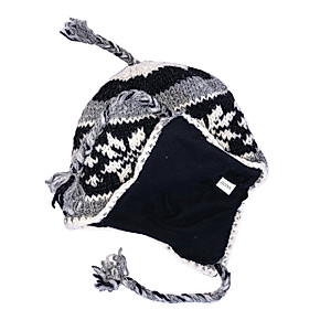 Hand Knit Sherpa Wool Unisex Hat with Micro Fleece Lining with Snowflake Pattern - Ear Flaps - Toque - Beanie (Black, White, Gray)