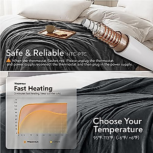 Wapaneus Foot Pocket Heated Blanket Electric Throw with 10 Heating Levels and Auto Shut Off, Flannel Fast-Heating Heated Throw 50" x 60", Machine Washable, Dark Grey